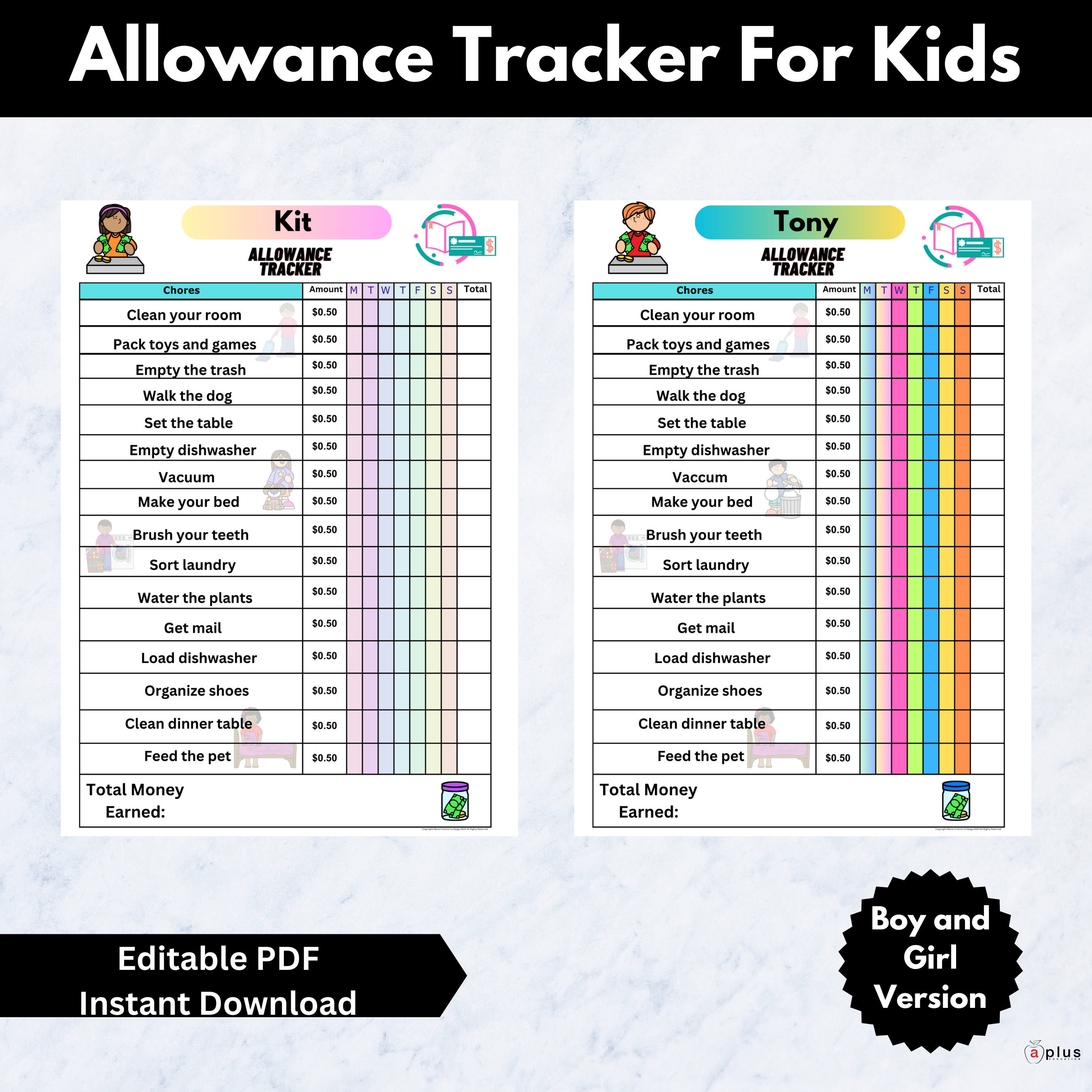 Chore Chart for Kids | Kids Allowance Tracker | Editable PDF Chore ...
