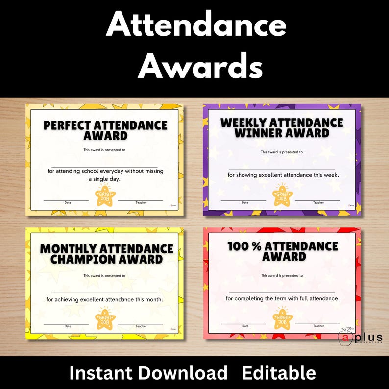 Editable Attendance Award Certificates Printable Student Recognition ...