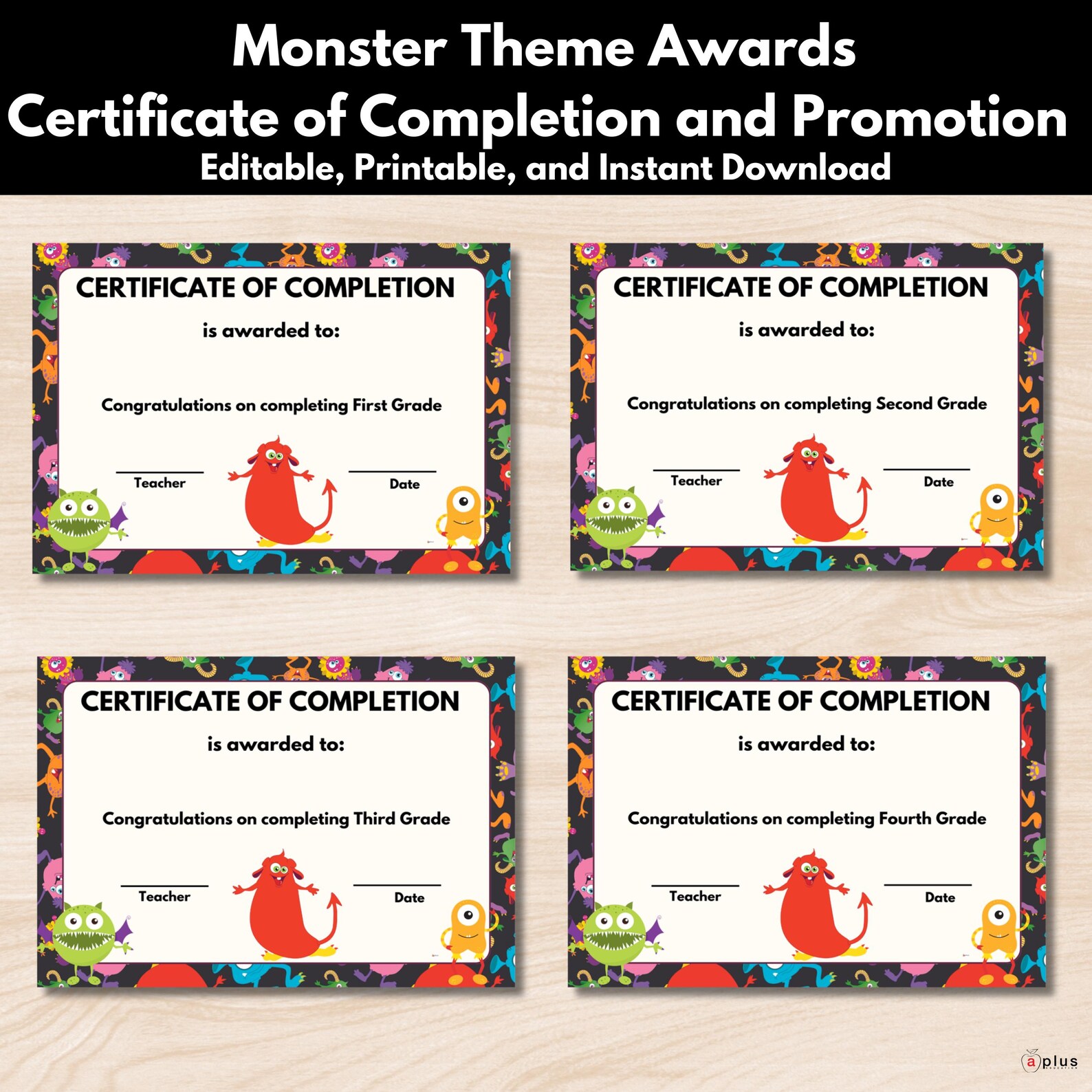 End of Year Monster Themed Certificate of Completion and Promotion ...