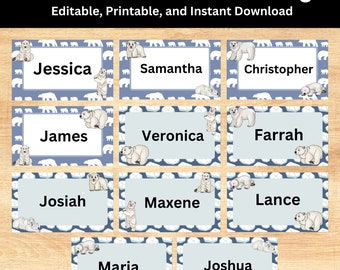 Editable Name Tags for School, Polar Bear Printable, Retro Winter ...