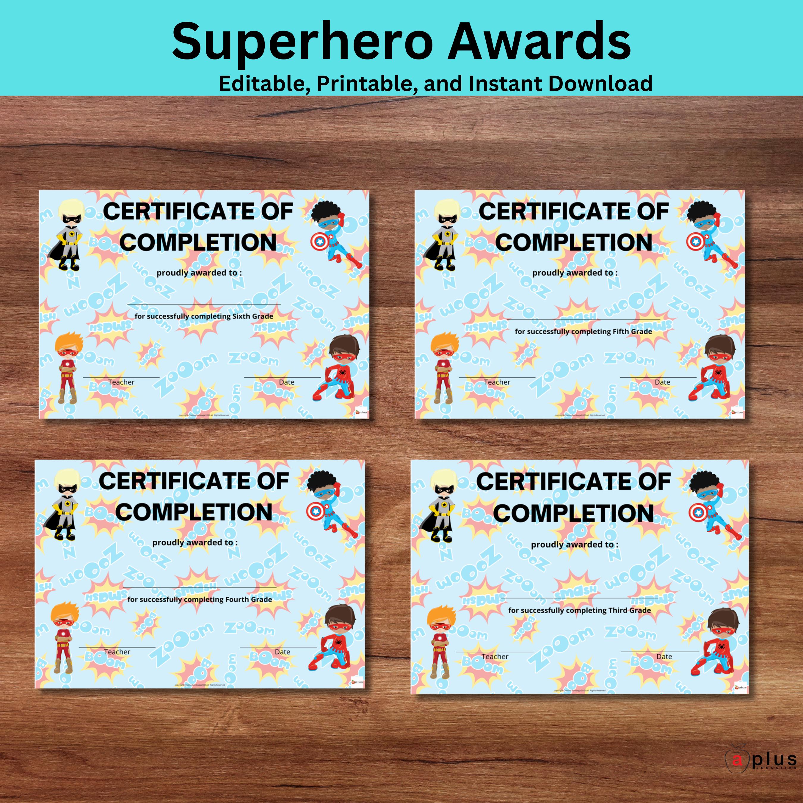 Superhero Awards for Students Editable Certificates for Boys and Girls ...