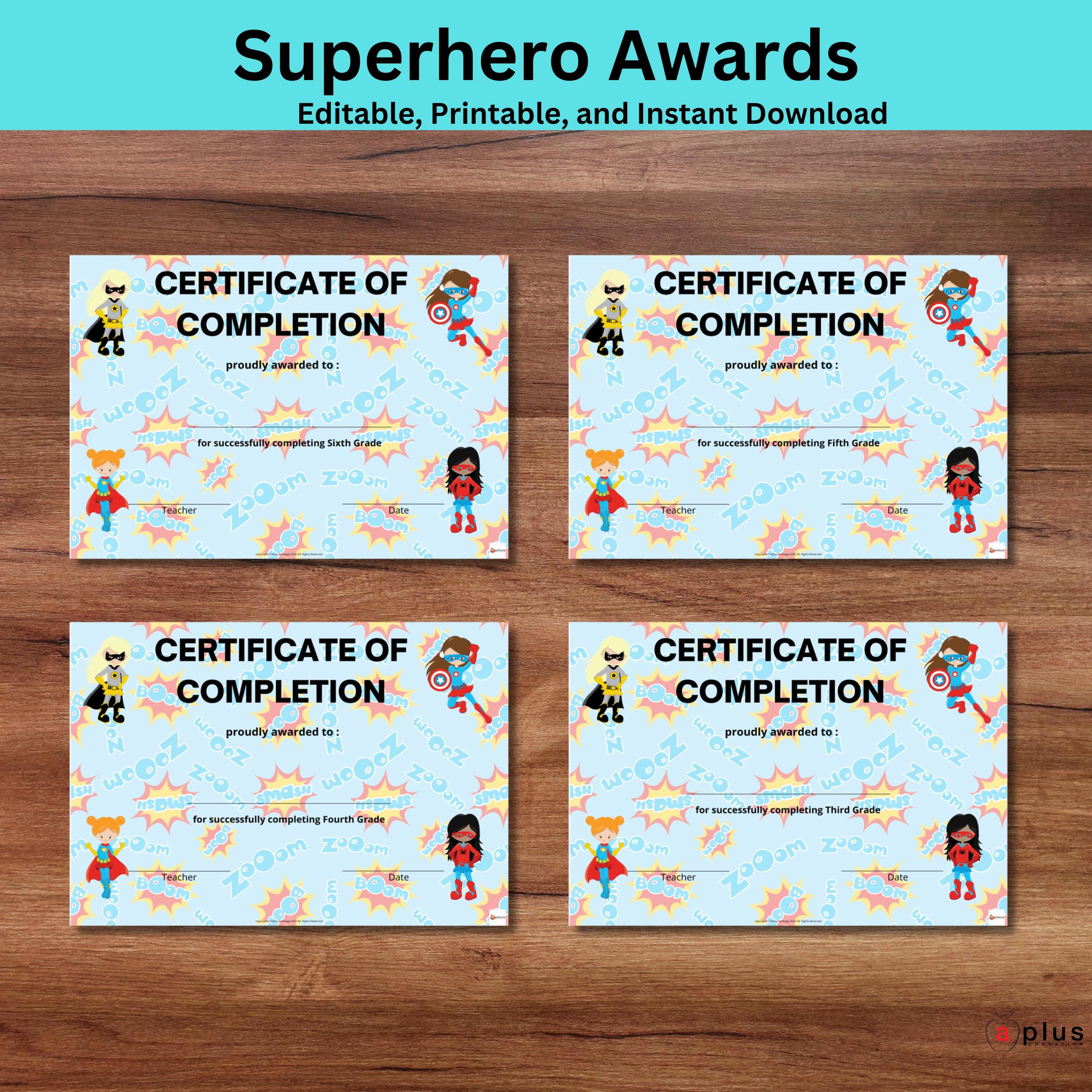 Superhero Awards for Students Editable Certificates for Boys and Girls ...