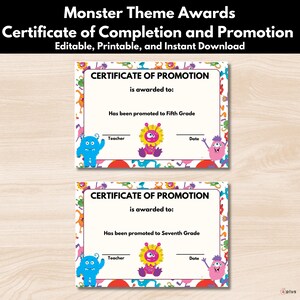 End of Year Monster Themed Certificate of Completion and Promotion ...