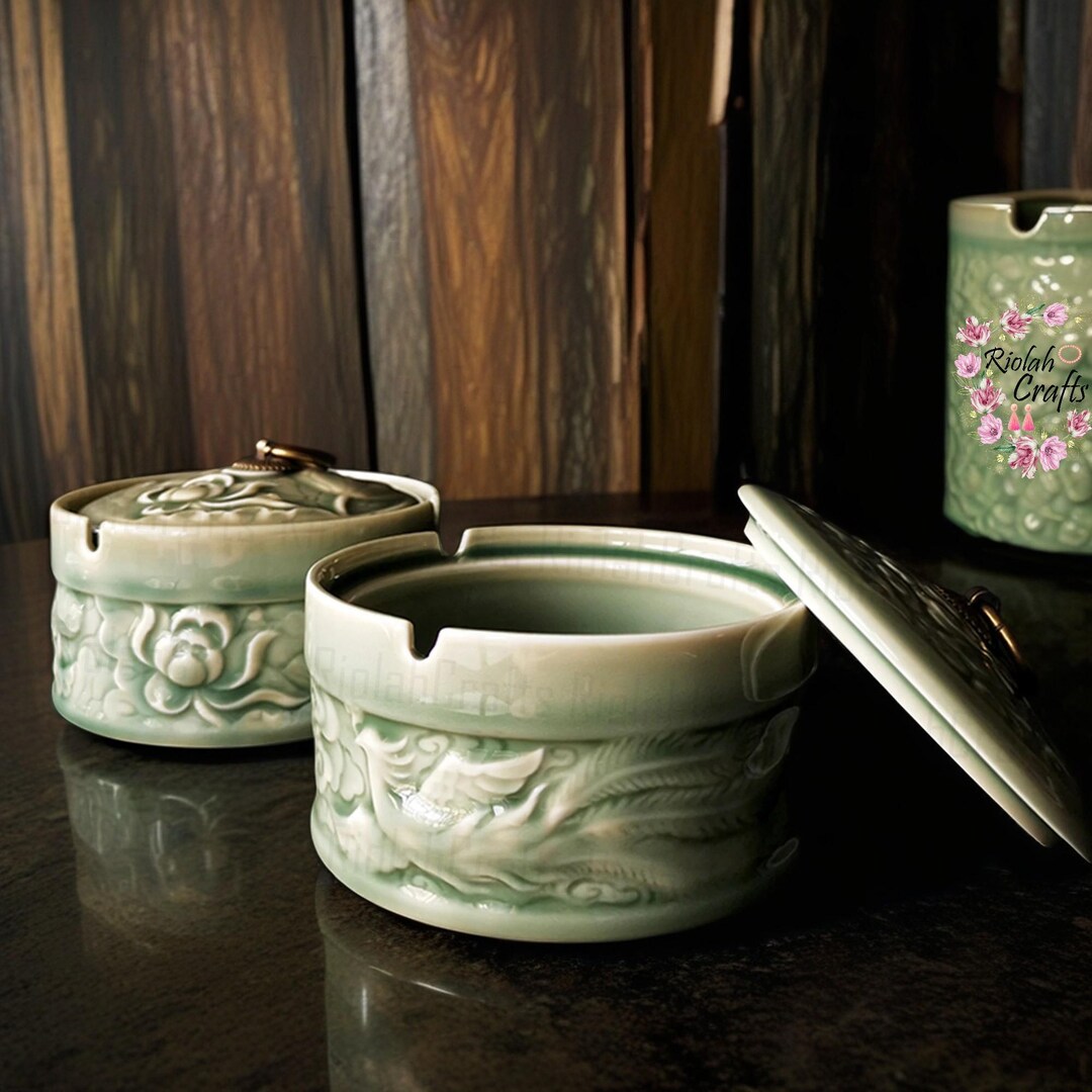 Celadon Anti-fly Ash Ashtray, High-grade Relief Design Style Office With Lid Large Size, Ceramic ...