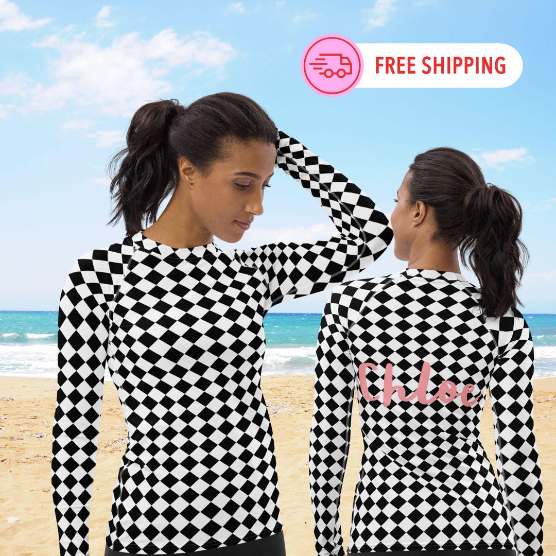 Personalized Black and White Checkered Seashell Rash Guard for Women ...