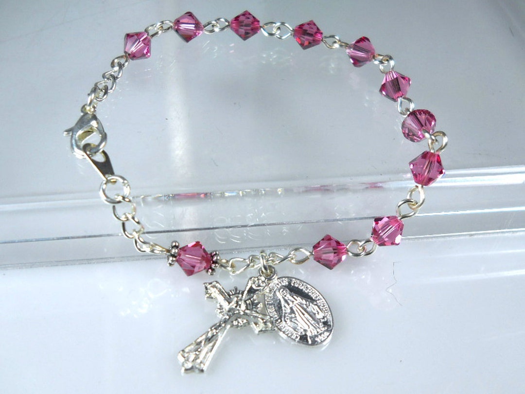 Crystal Pink October Birthstone Rosary Bracelet Catholic Quinceanera ...
