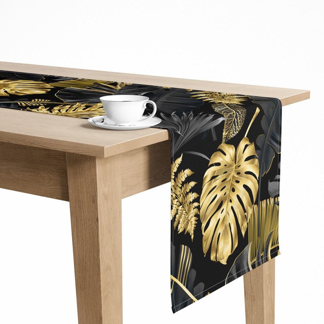 Table Runner Gold Monstera Leaves on a Black Background BG-1 Size ...