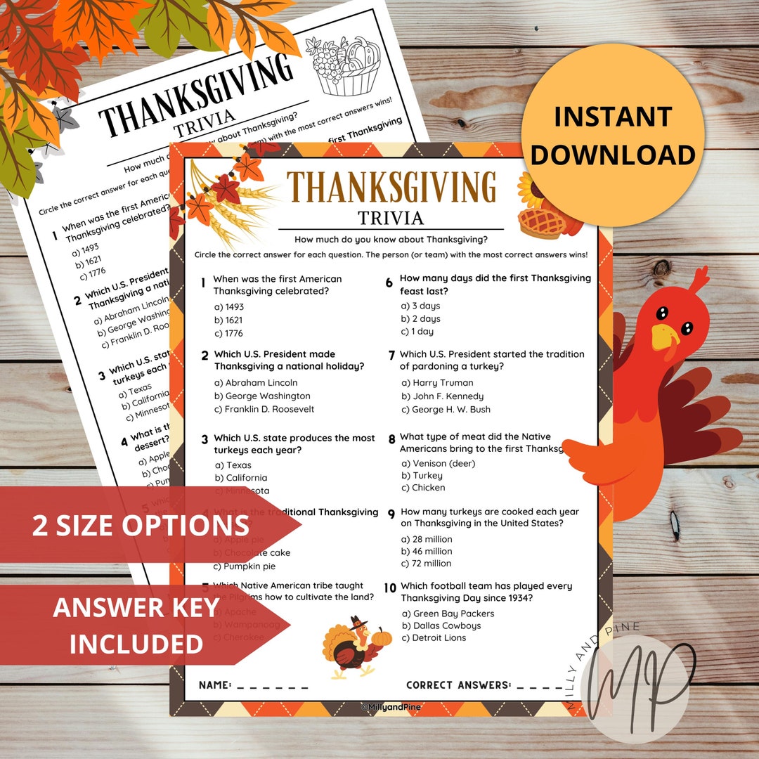 Thanksgiving Trivia Game Printable for Family Adults Kids Friendsgiving ...
