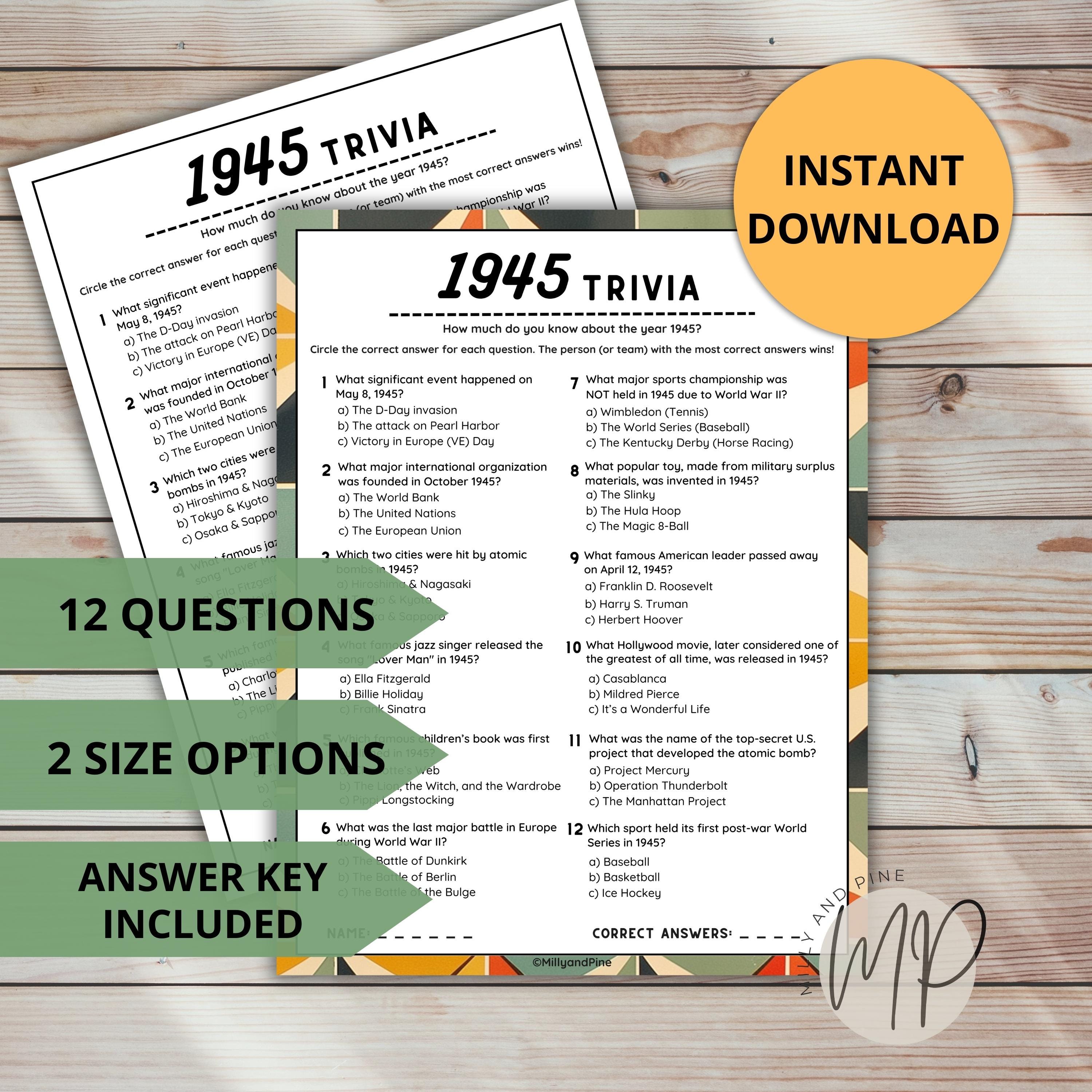 1945 Trivia Game 80th Birthday Born in 1945 Printable Game Adult ...