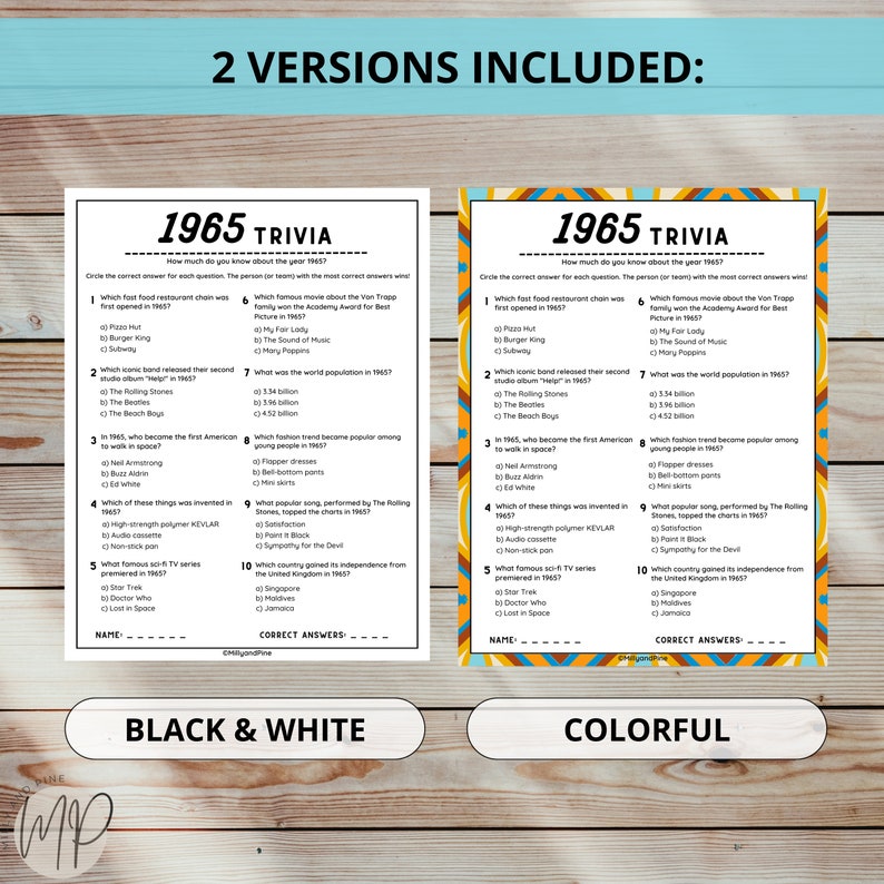 1965 Trivia Game 60th Birthday Born in 1965 Printable Games Adult ...