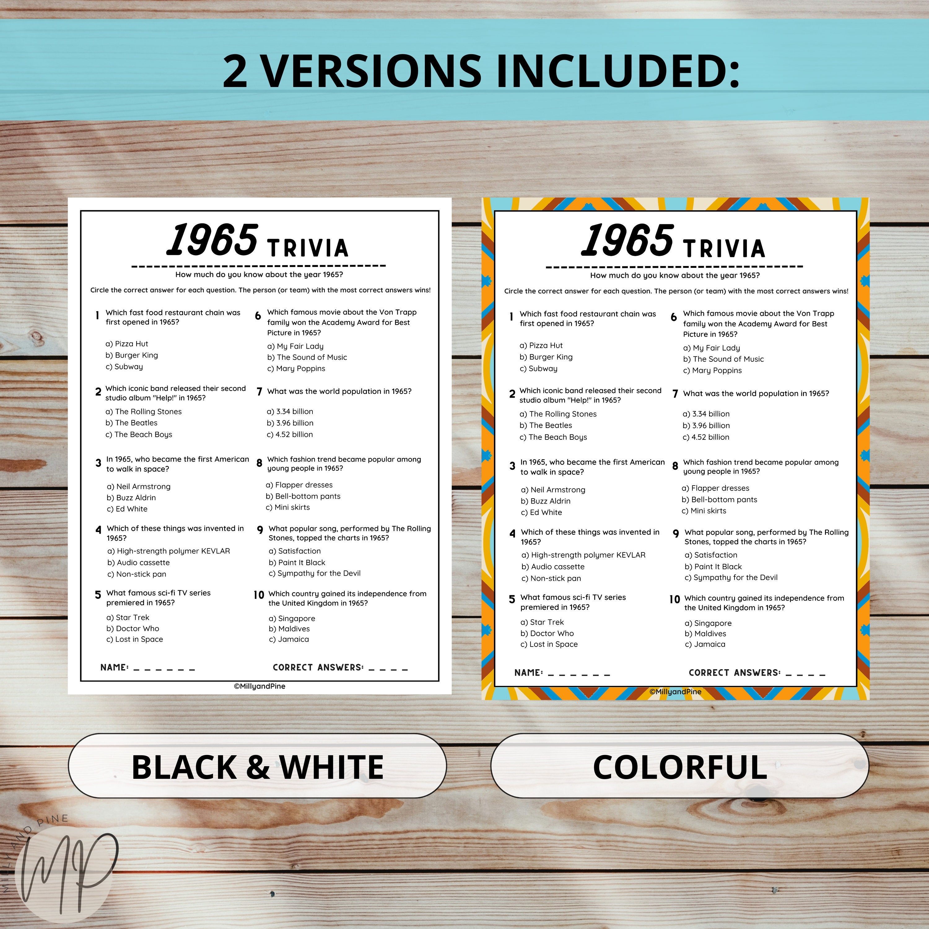 1965 Trivia Game 60th Birthday Born in 1965 Printable Games Adult ...