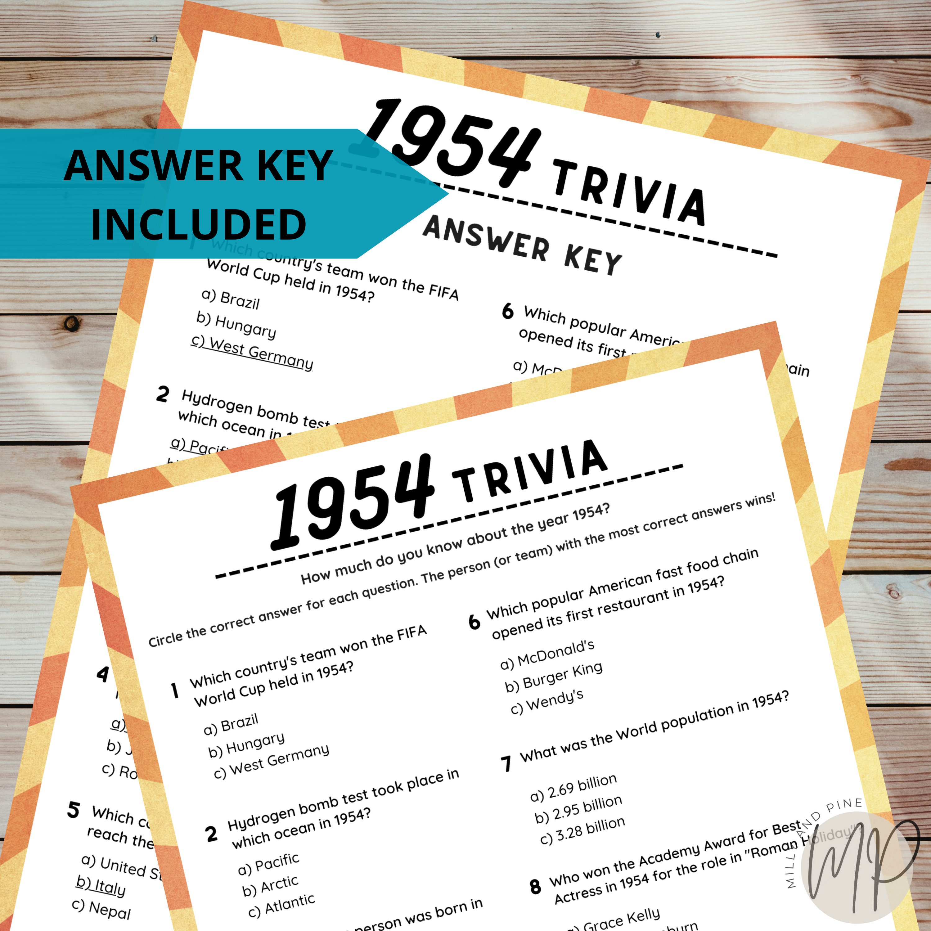 1954 Trivia Game 70th Birthday Born in 1954 Printable Games Adult ...