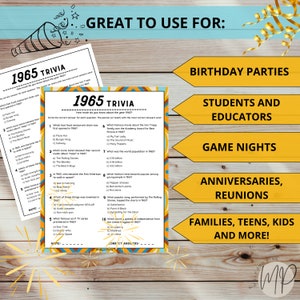 1965 Trivia Game 60th Birthday Born in 1965 Printable Games Adult ...