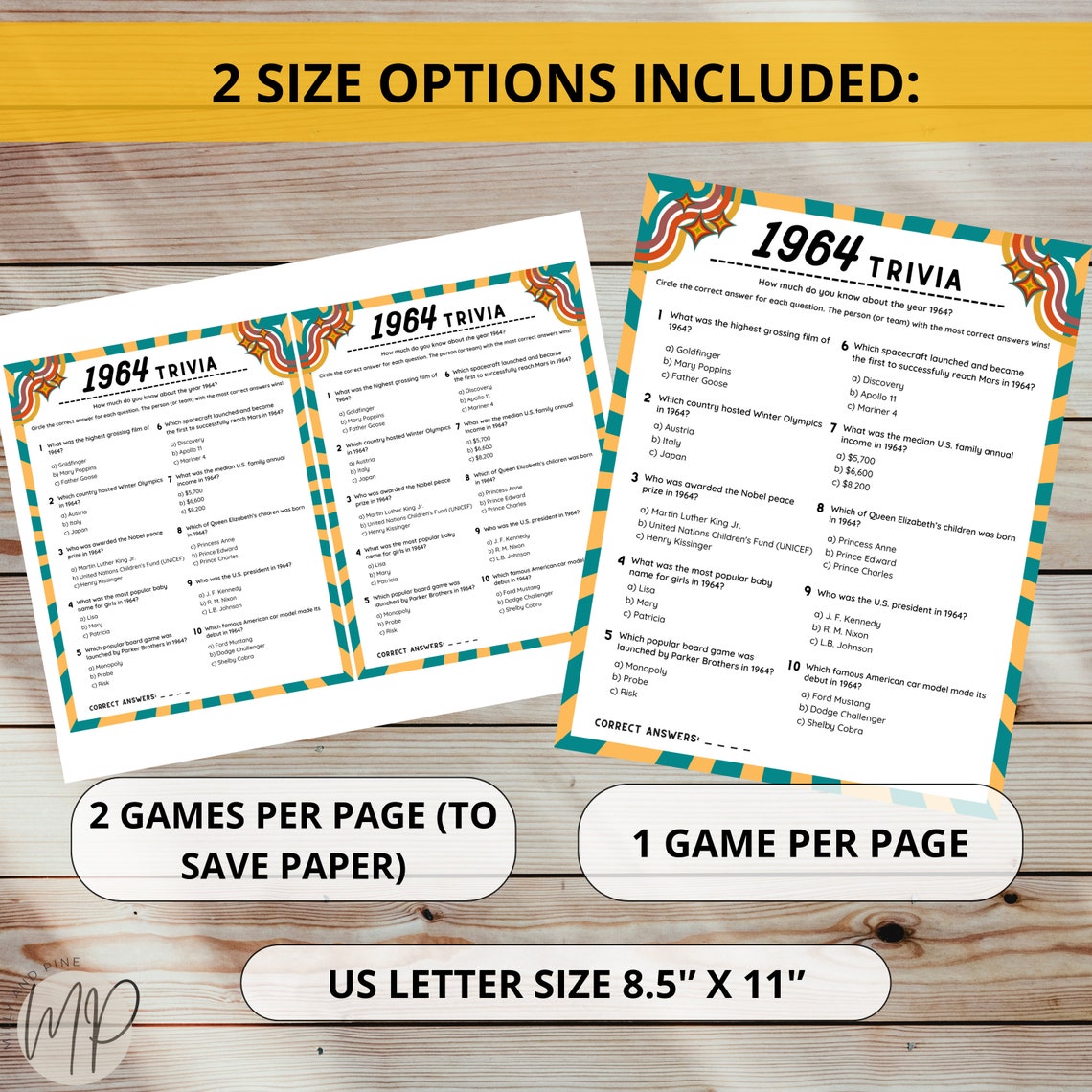 1964 Trivia Game 60th Birthday Born in 1964 Printable Games Adult ...