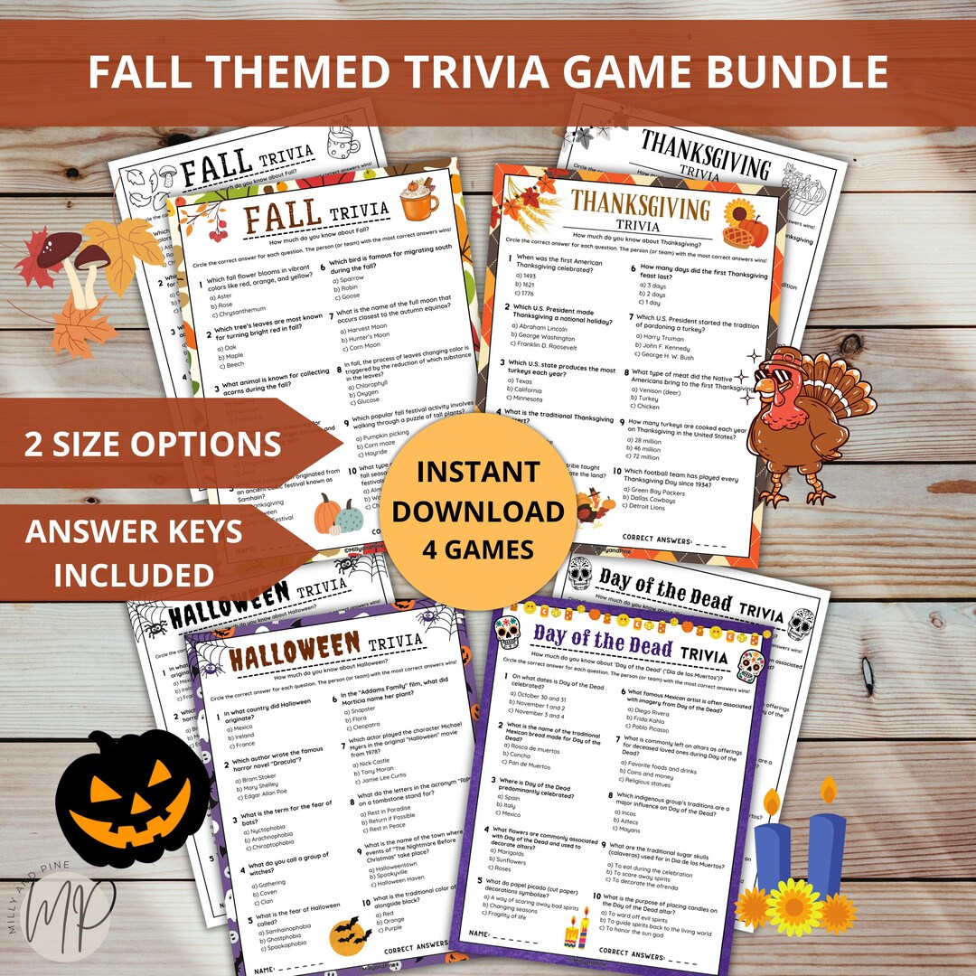 Fall Themed Trivia Game Bundle Printable Halloween Thanksgiving Day of ...