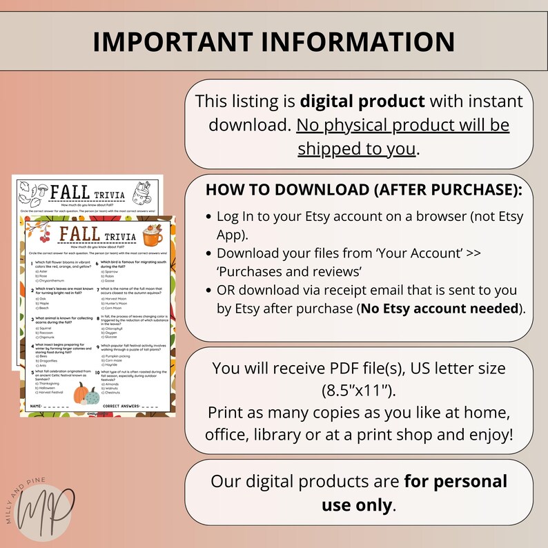 Fall Trivia Game Printable for Family Kids Adults Party Group Games ...
