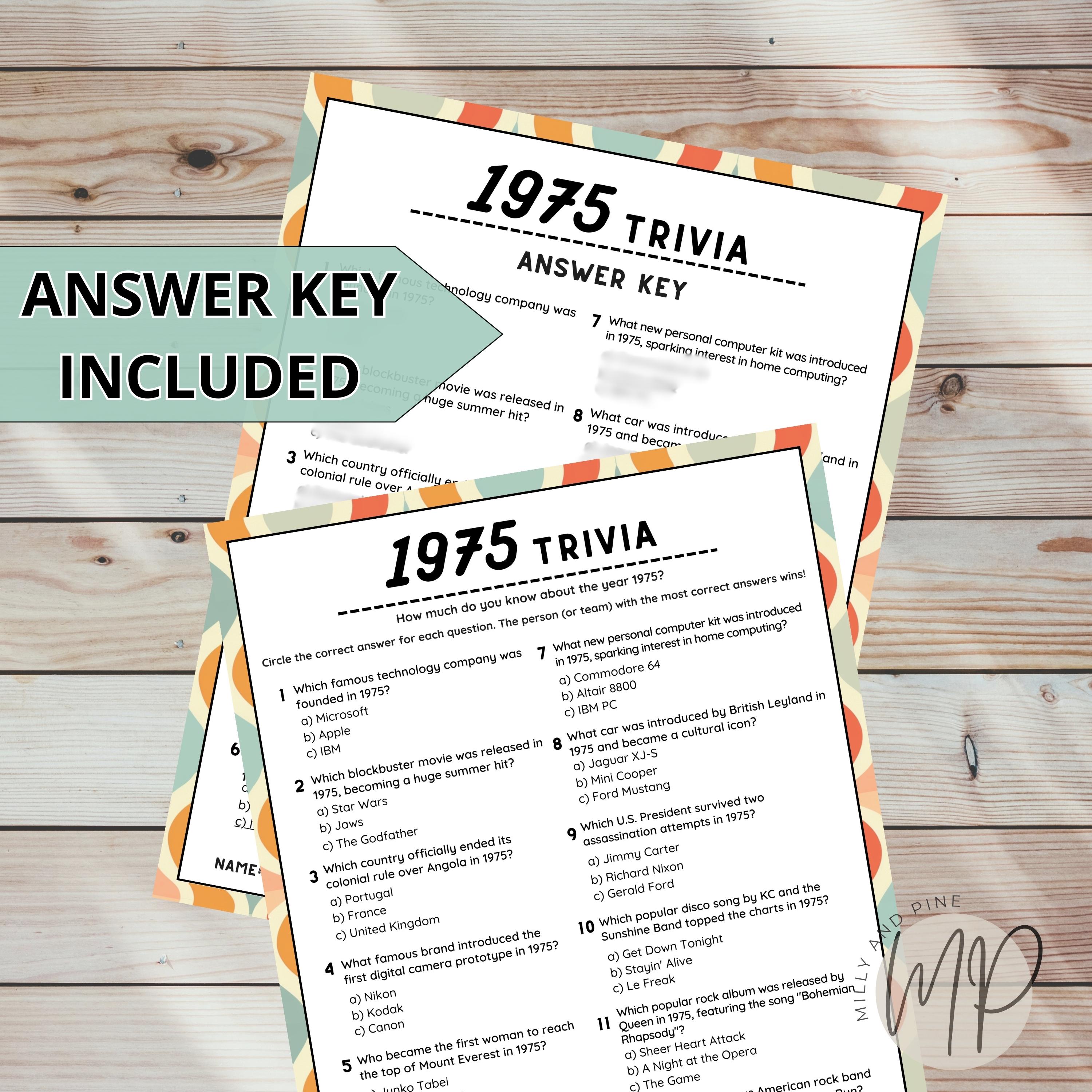 1975 Trivia Game 50th Birthday Born in 1975 Printable Game Adult ...