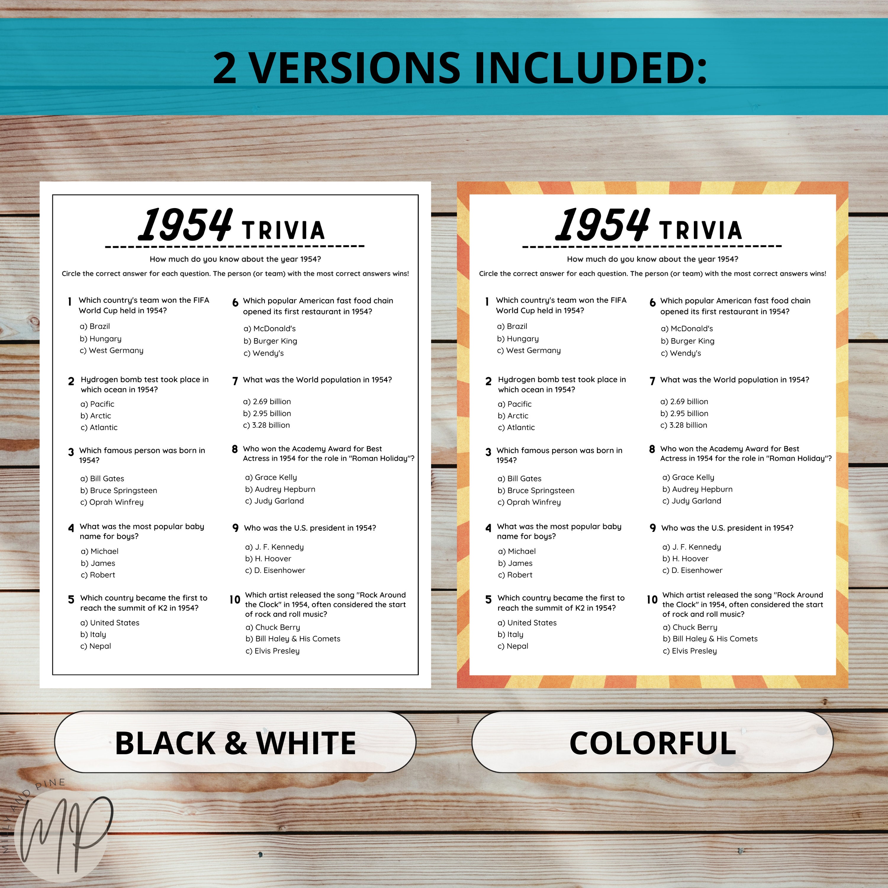 1954 Trivia Game 70th Birthday Born in 1954 Printable Games Adult ...