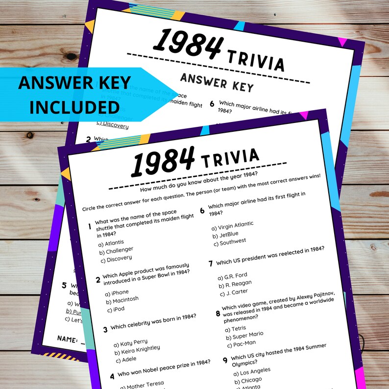 1984 Trivia Game 40th Birthday Born in 1984 Printable Games Adult ...
