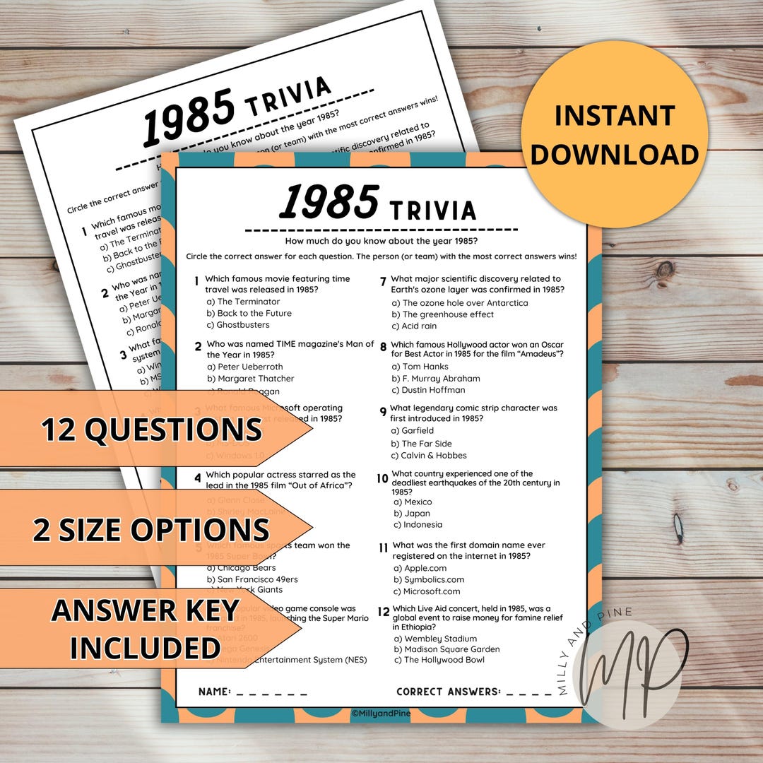 1985 Trivia Game 40th Birthday Born in 1985 Printable Game Adult ...