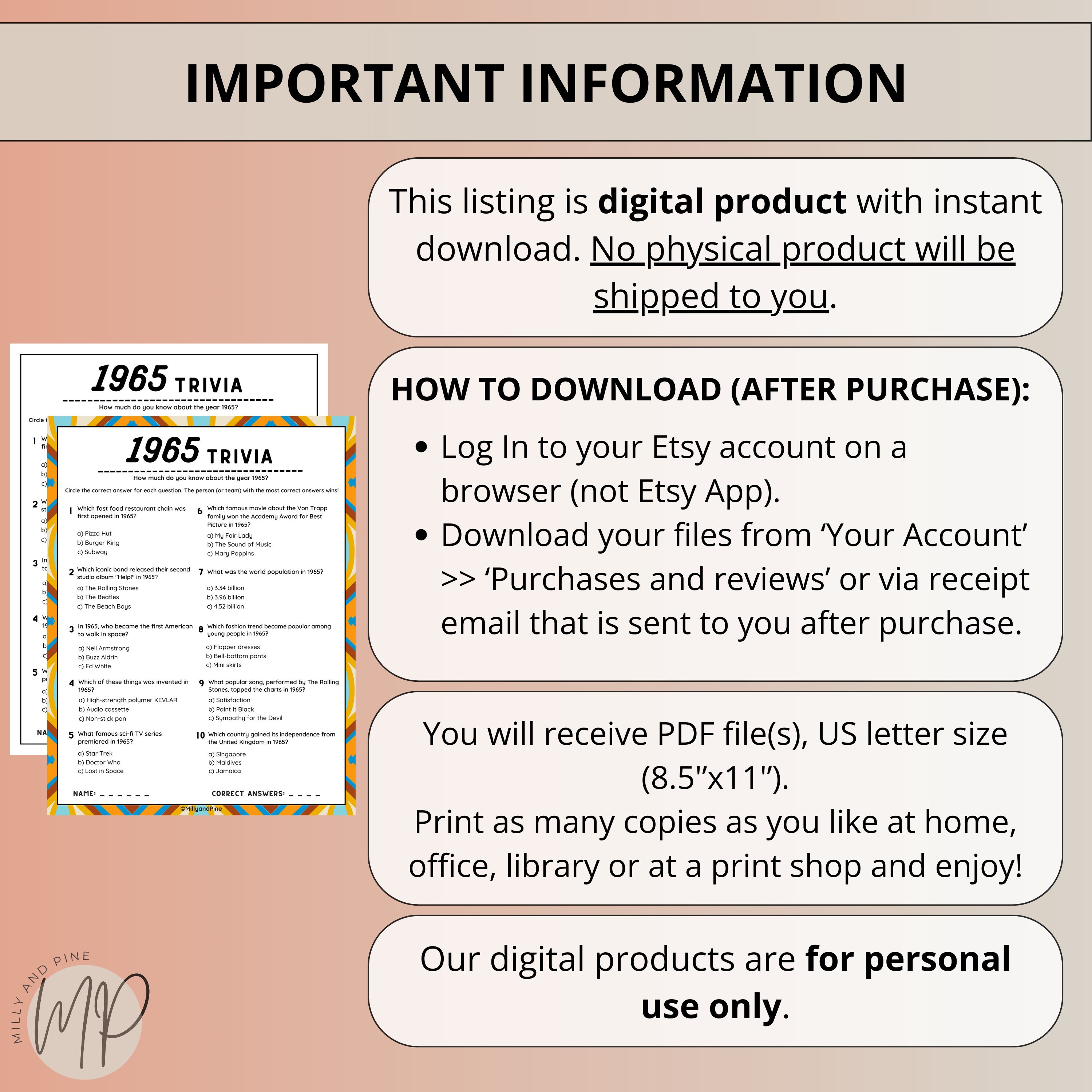 1965 Trivia Game 60th Birthday Born in 1965 Printable Games Adult ...