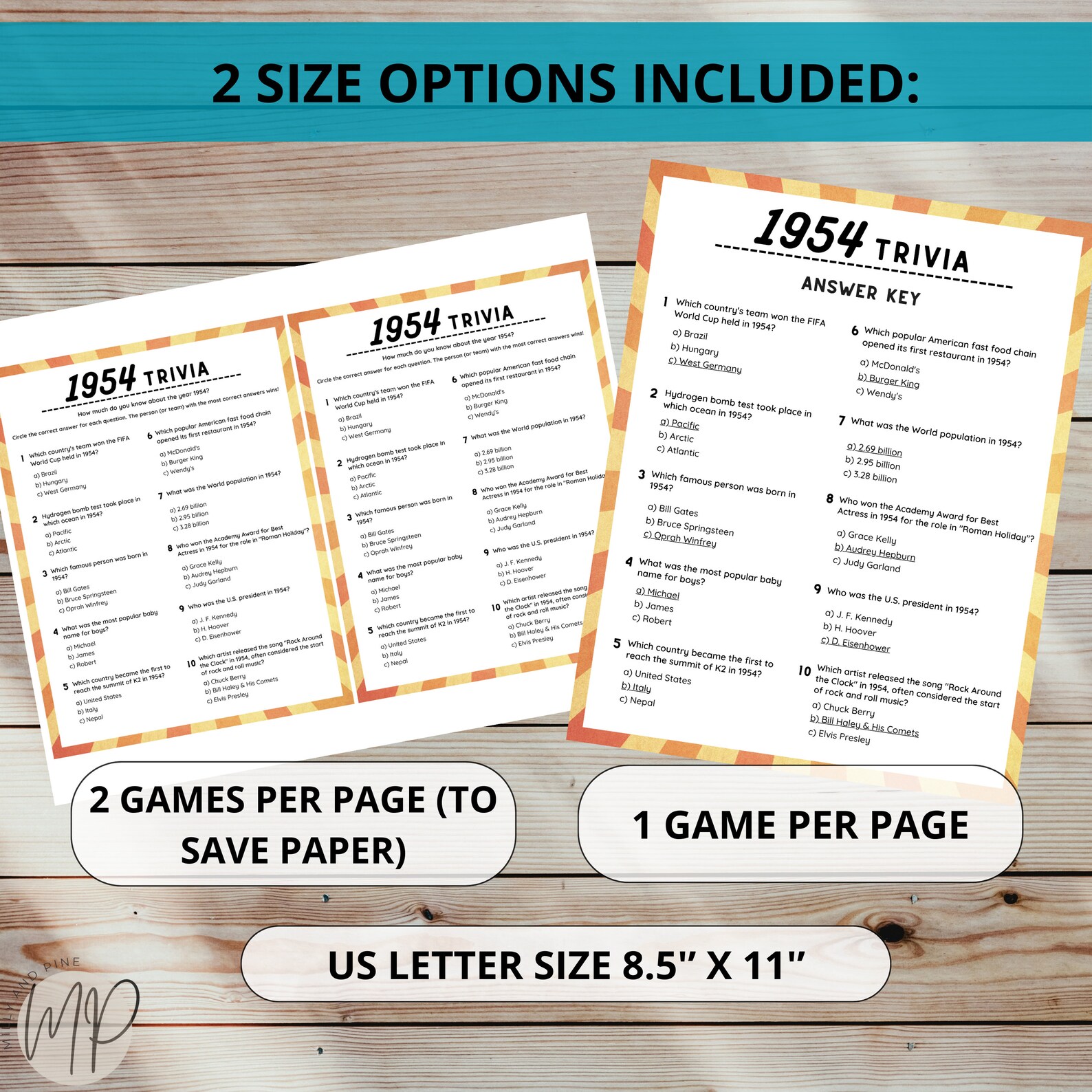 1954 Trivia Game 70th Birthday Born in 1954 Printable Games Adult ...