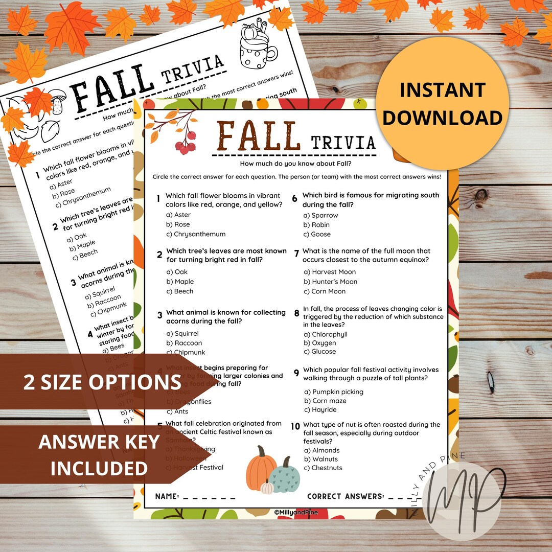 Fall Trivia Game Printable for Family Kids Adults Party Group Games ...
