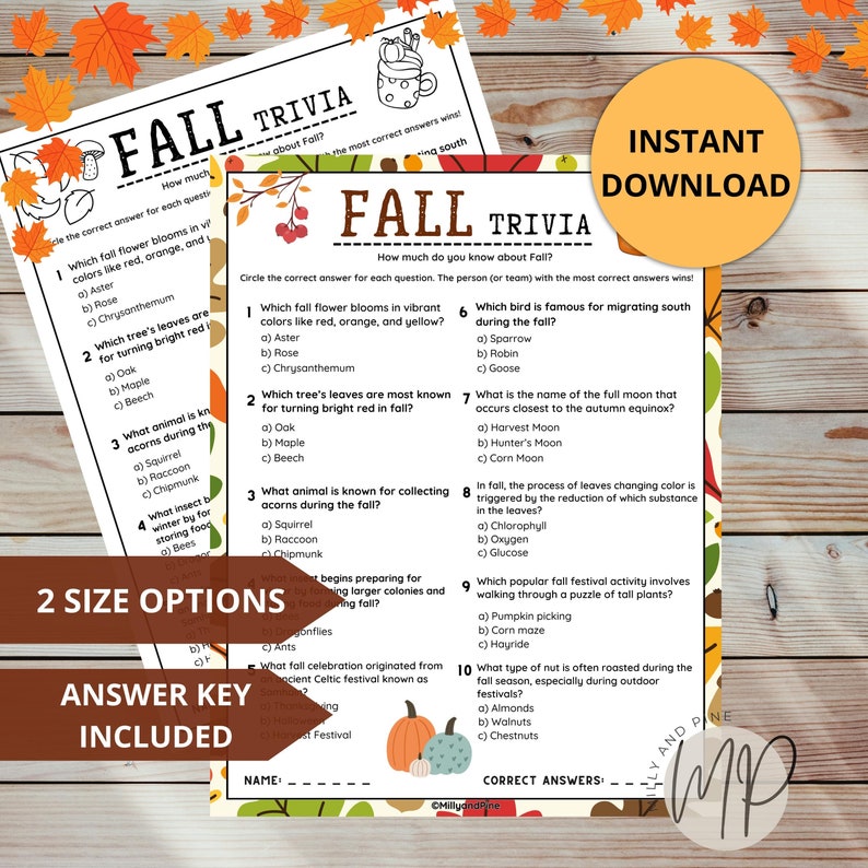 Fall Trivia Game Printable for Family Kids Adults Party Group Games ...
