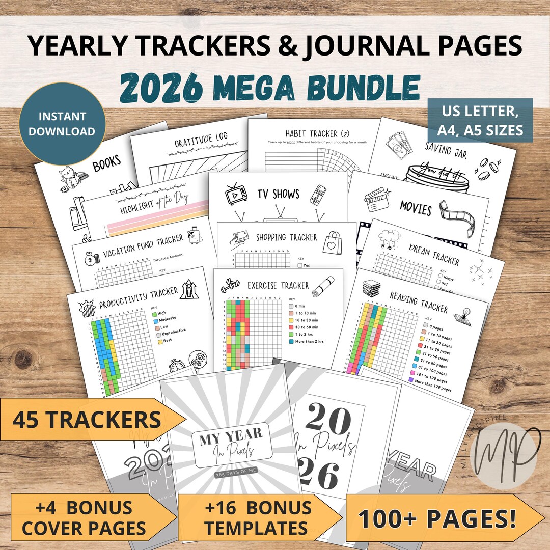 Year in Pixels Trackers Bundle 2026 Yearly Coloring Tracker Bullet ...