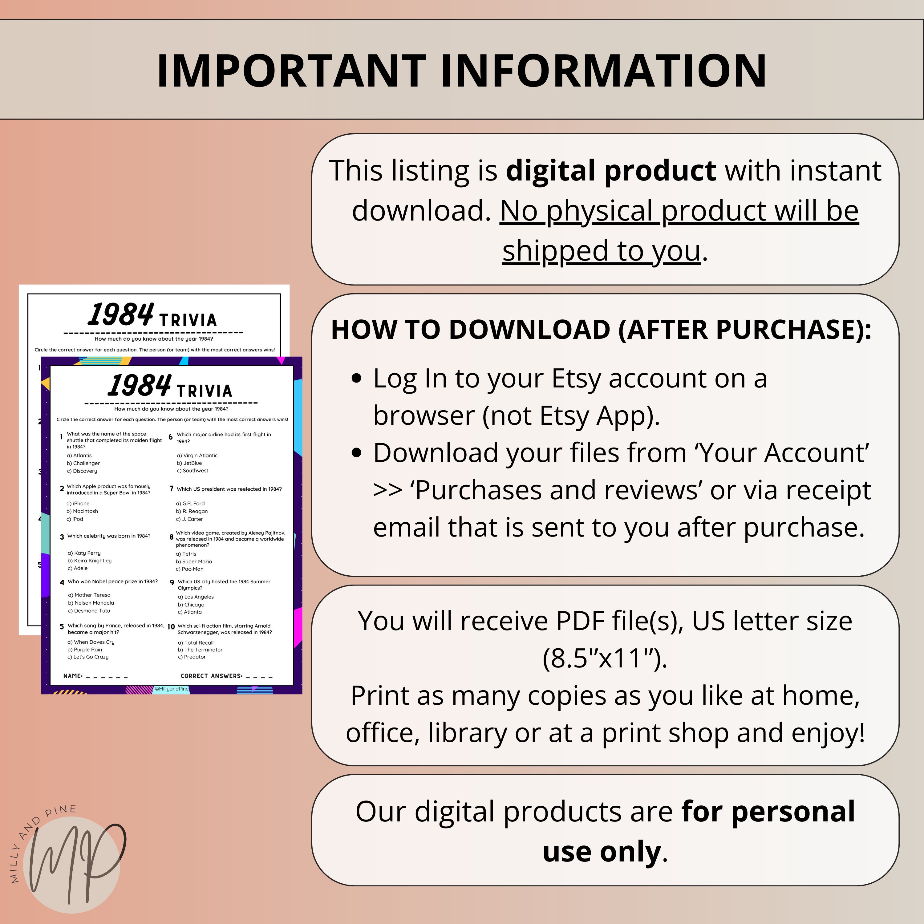 1984 Trivia Game 40th Birthday Born in 1984 Printable Games Adult ...