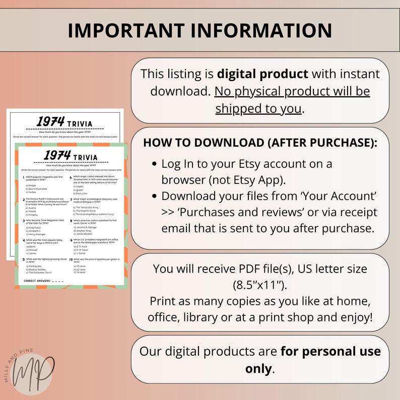 1974 Trivia Game 50th Birthday Born in 1974 Printable Games Adult ...