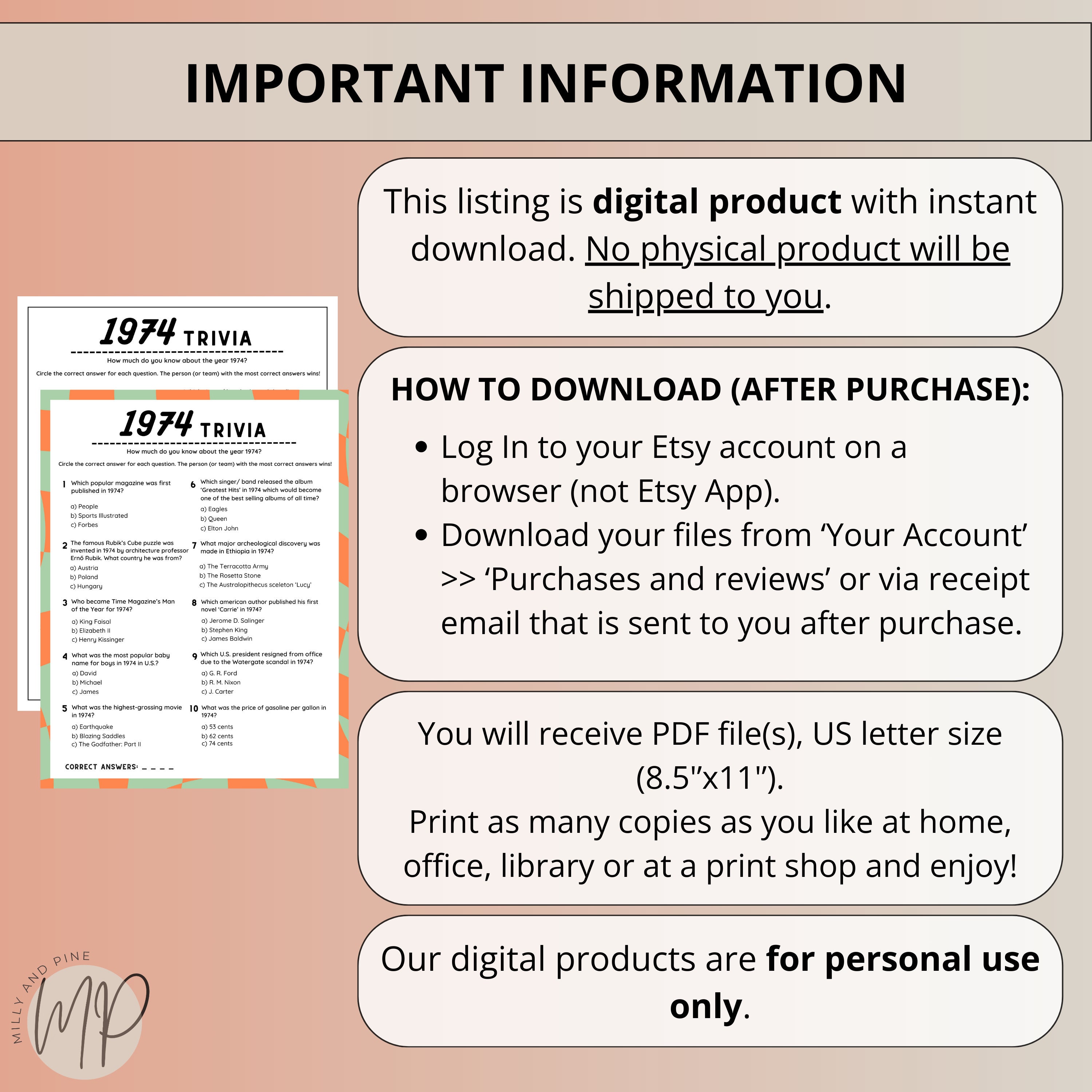 1974 Trivia Game 50th Birthday Born in 1974 Printable Games Adult ...