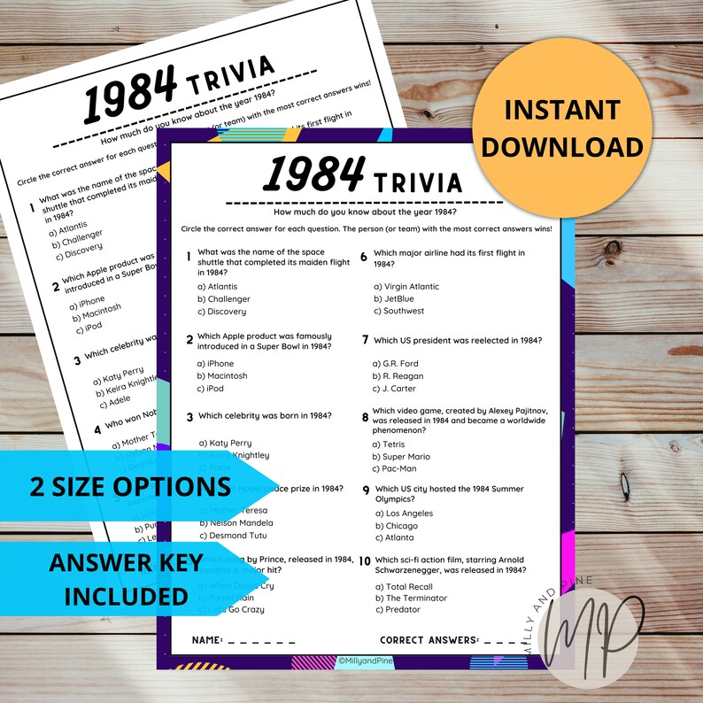 1984 Trivia Game 40th Birthday Born in 1984 Printable Games Adult ...