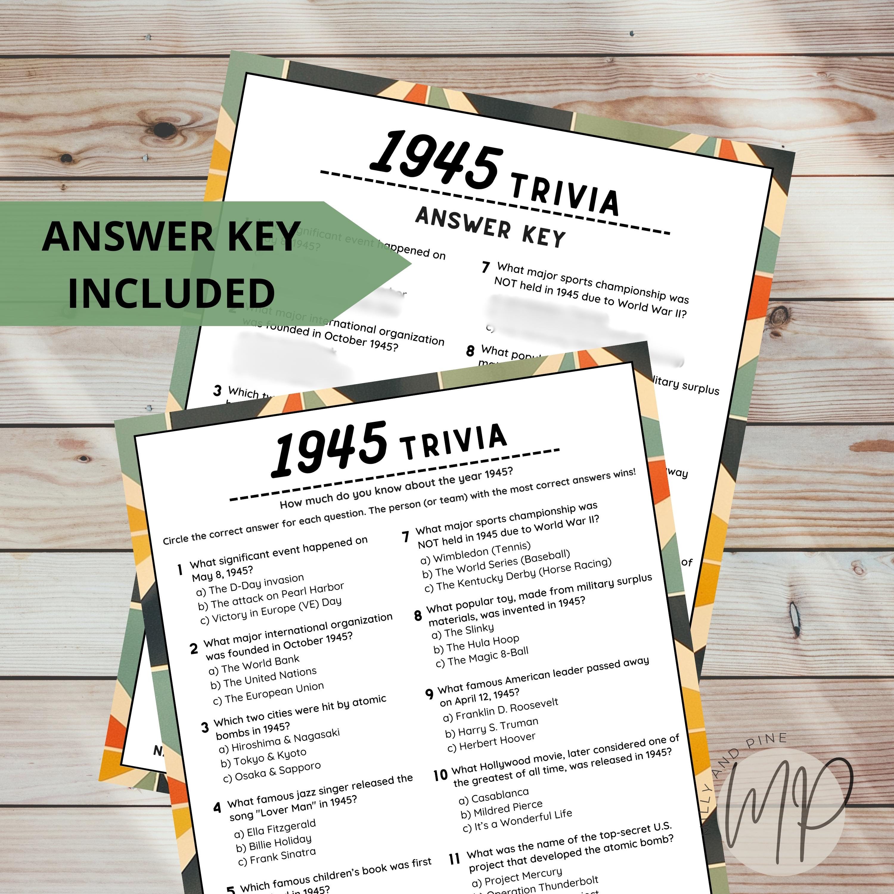 1945 Trivia Game 80th Birthday Born in 1945 Printable Game Adult ...