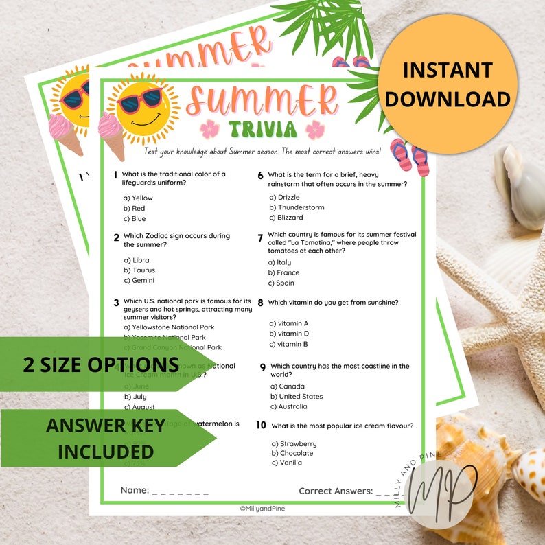 Summer Trivia Quiz Game Family Reunion Games Printable 10th Birthday ...