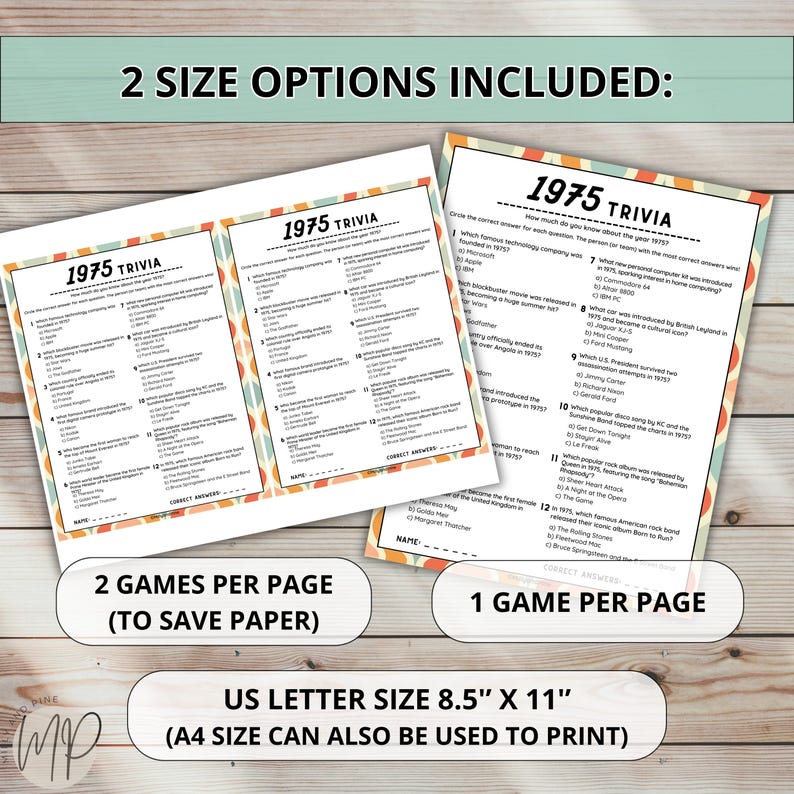 1975 Trivia Game 50th Birthday Born in 1975 Printable Game Adult ...