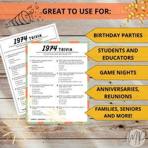 1974 Trivia Game 50th Birthday Born in 1974 Printable Games Adult ...