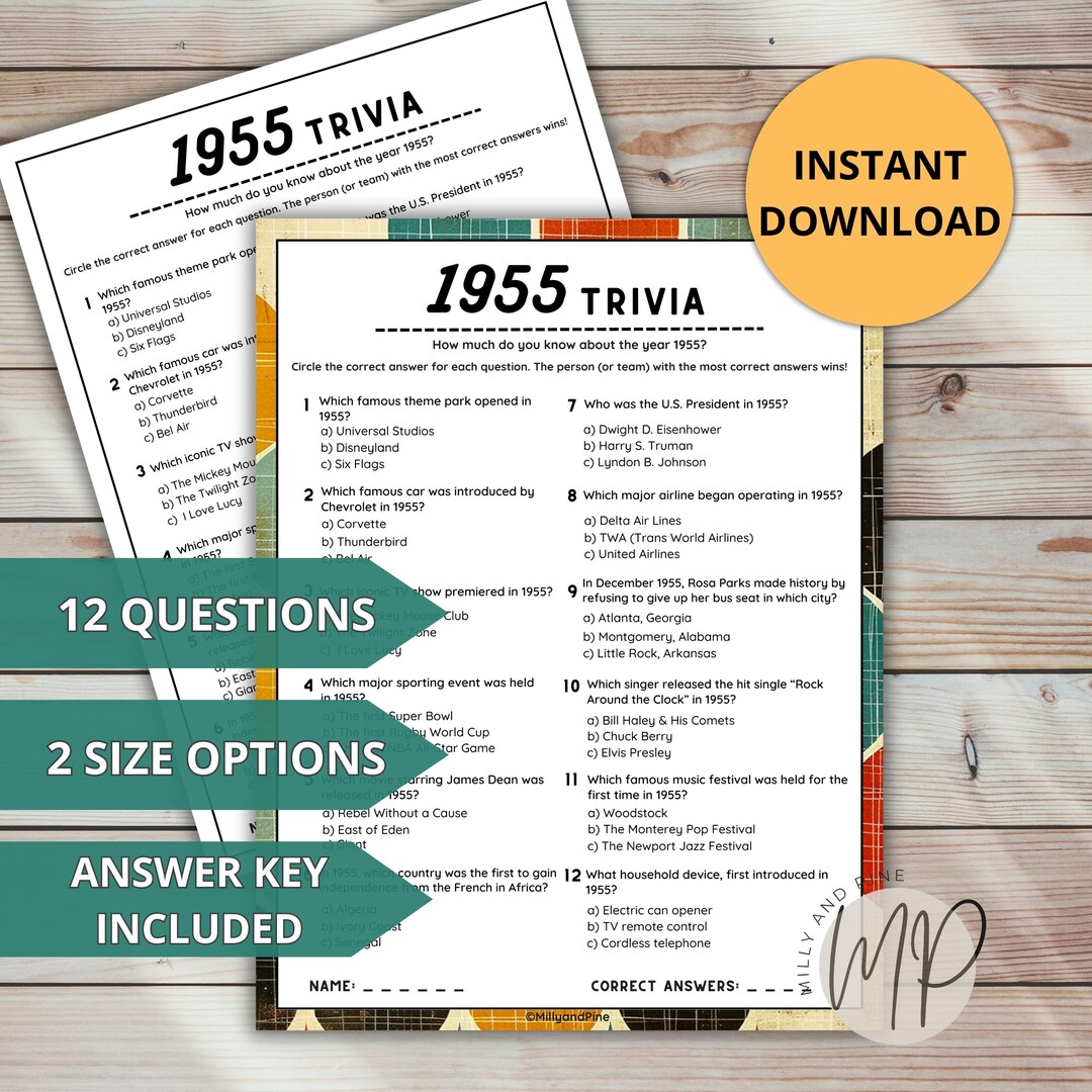 1955 Trivia Game 70th Birthday Born in 1955 Printable Game Adult ...