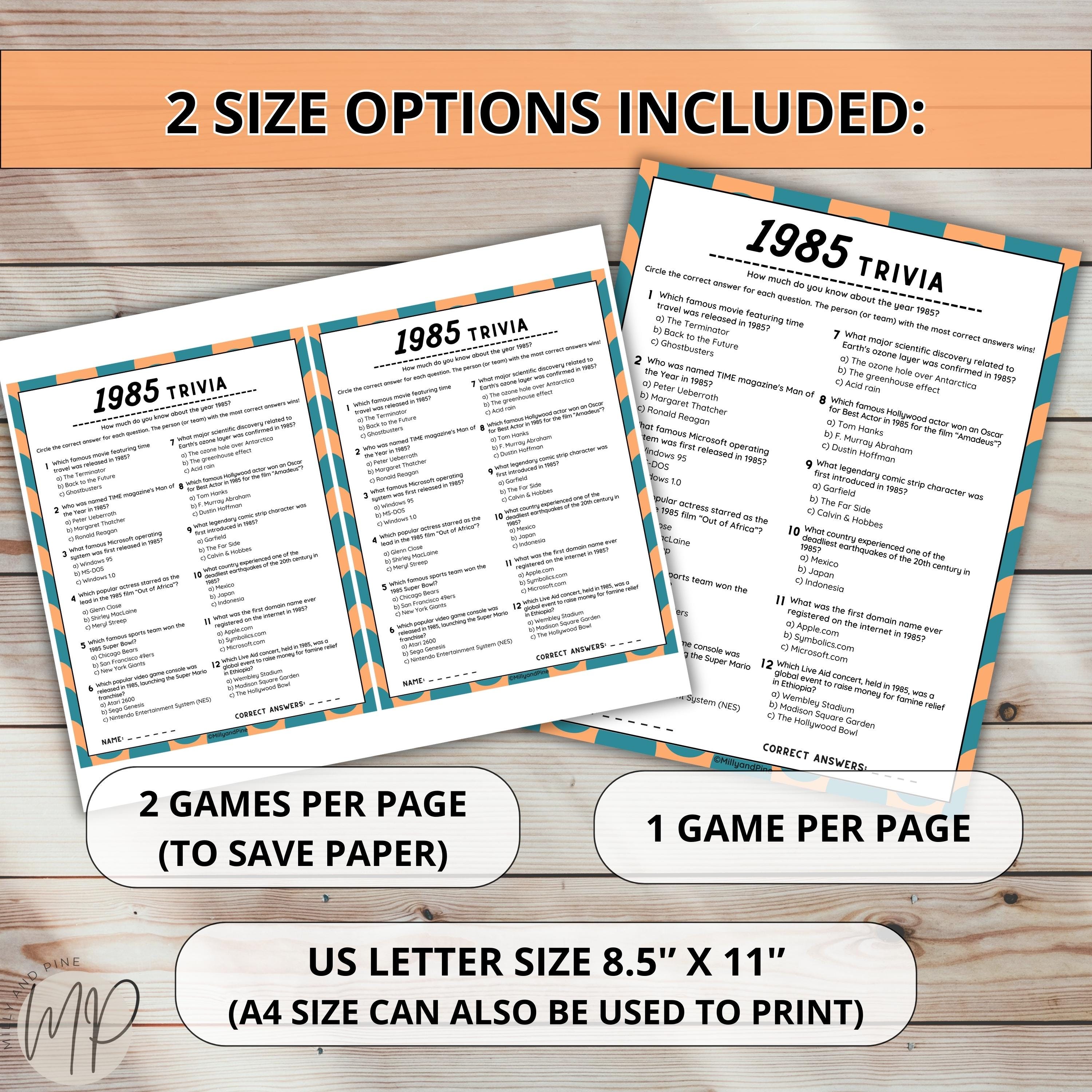1985 Trivia Game 40th Birthday Born in 1985 Printable Game Adult ...