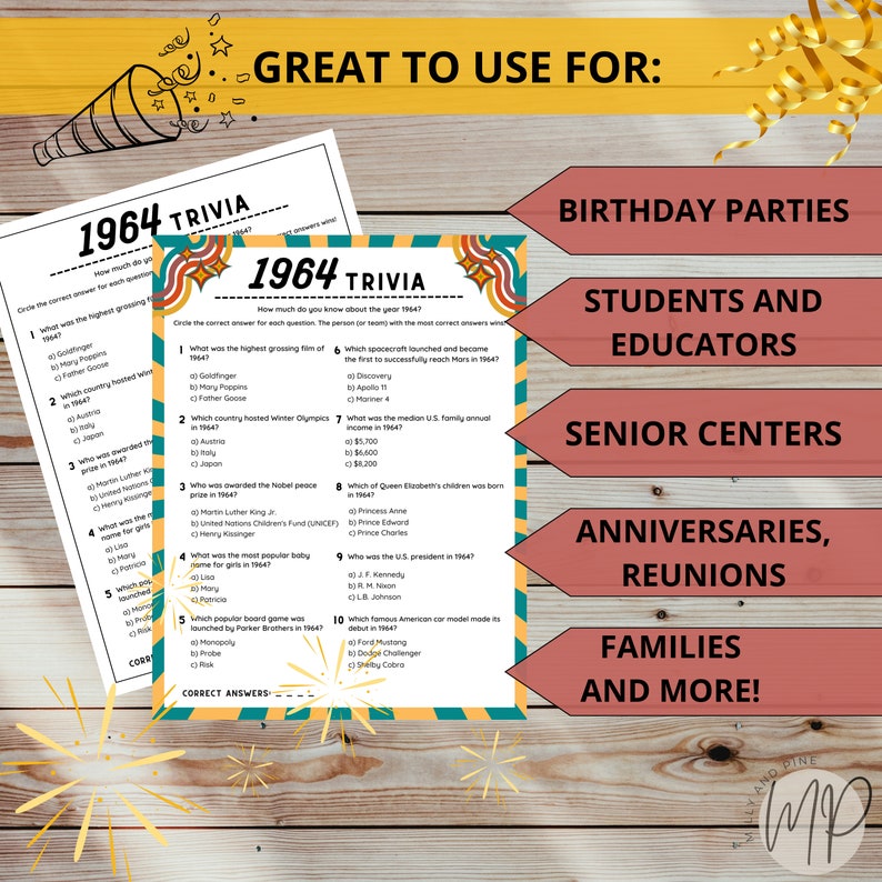 1964 Trivia Game 60th Birthday Born in 1964 Printable Games Adult ...