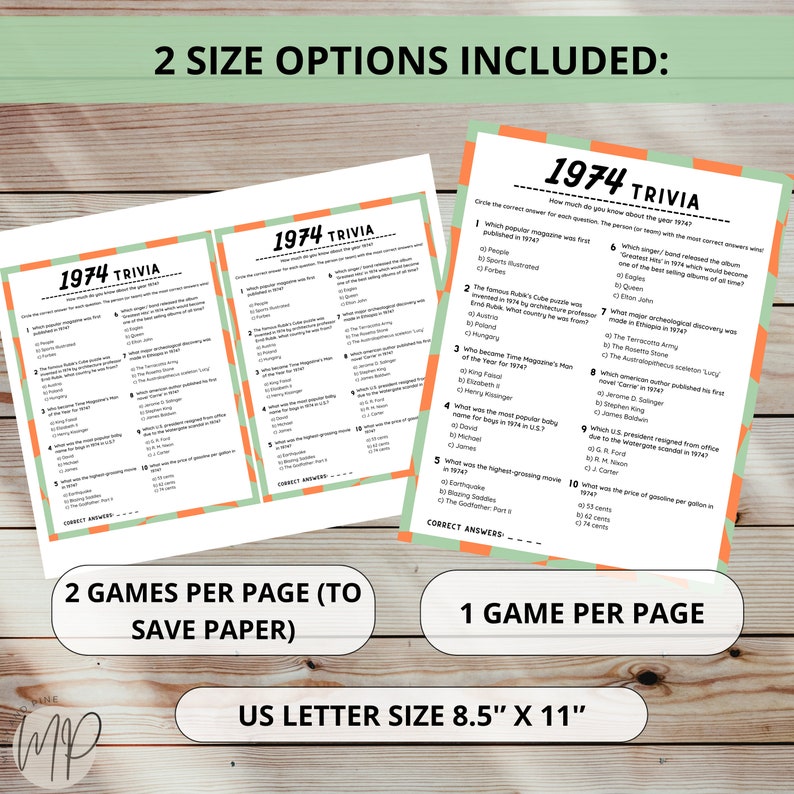 1974 Trivia Game 50th Birthday Born in 1974 Printable Games Adult ...