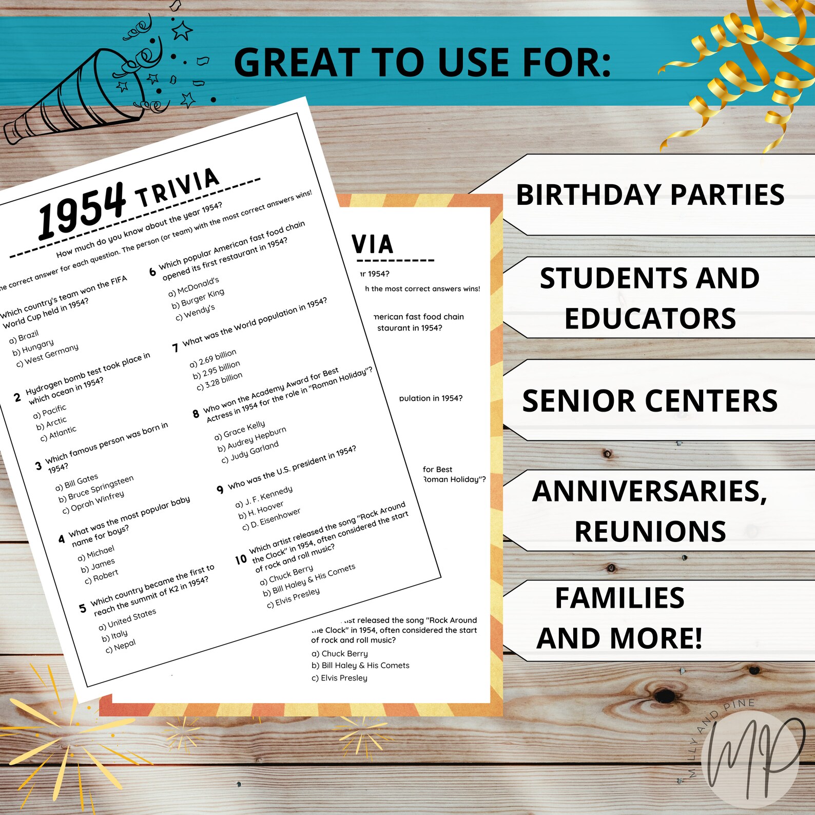 1954 Trivia Game 70th Birthday Born in 1954 Printable Games Adult ...