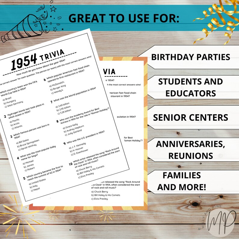 1954 Trivia Game 70th Birthday Born in 1954 Printable Games Adult ...