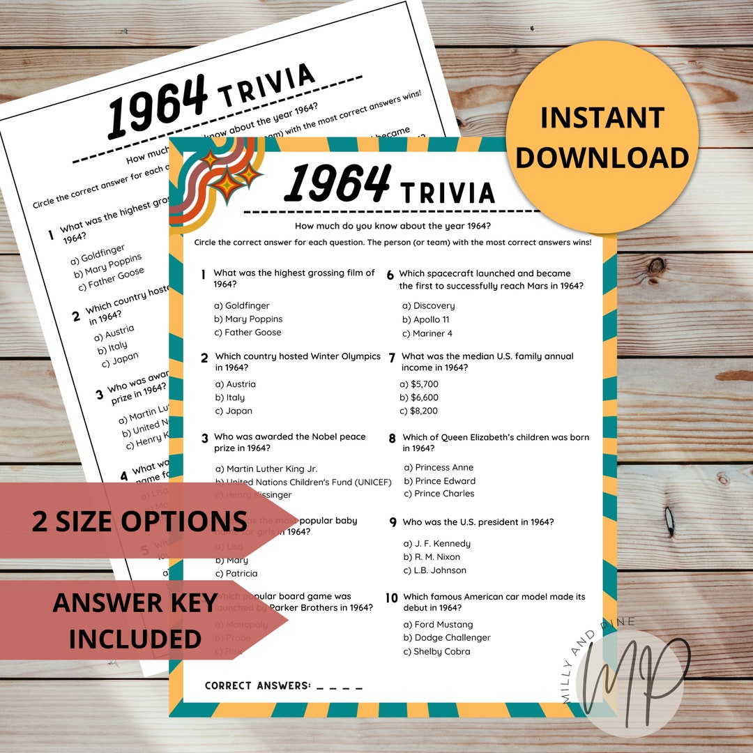 1964 Trivia Game 60th Birthday Born in 1964 Printable Games Adult ...