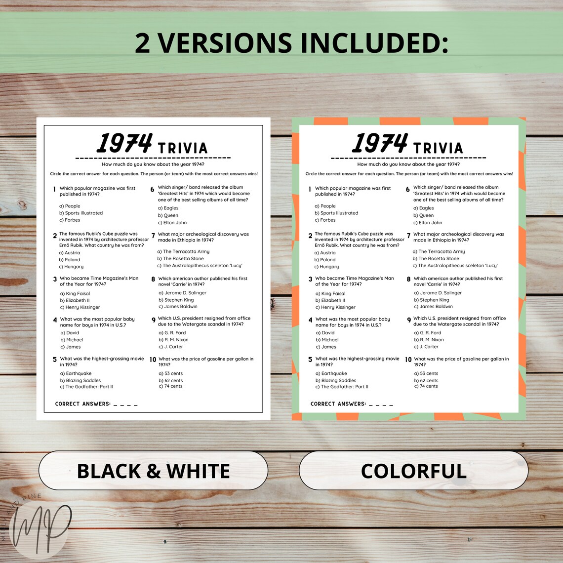 1974 Trivia Game 50th Birthday Born in 1974 Printable Games Adult ...