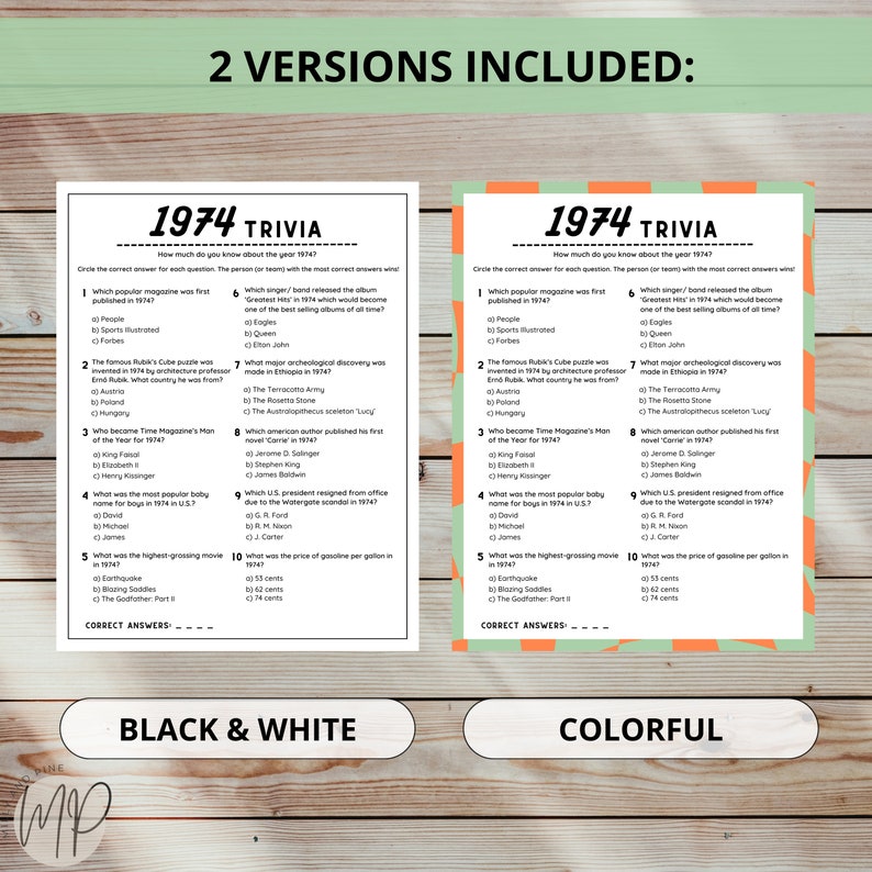 1974 Trivia Game 50th Birthday Born in 1974 Printable Games Adult ...