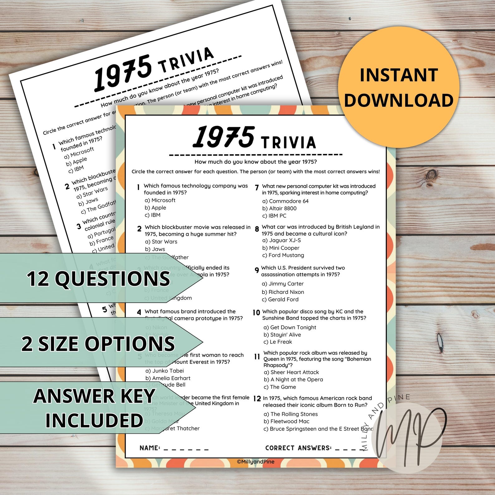 1975 Trivia Game 50th Birthday Born in 1975 Printable Game Adult ...