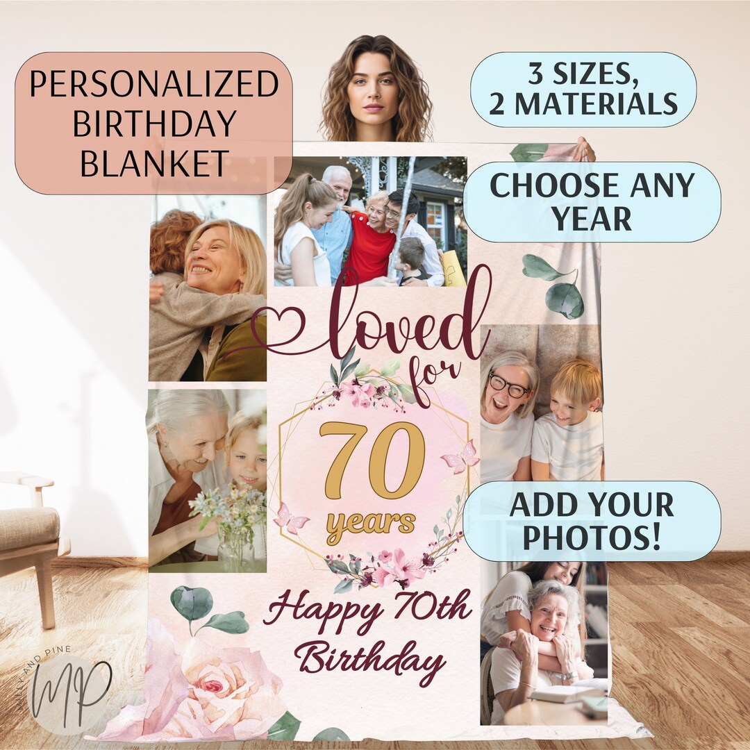 Custom Photo Blanket 70th 60th 50th Birthday Gift for Women Mom Wife ...