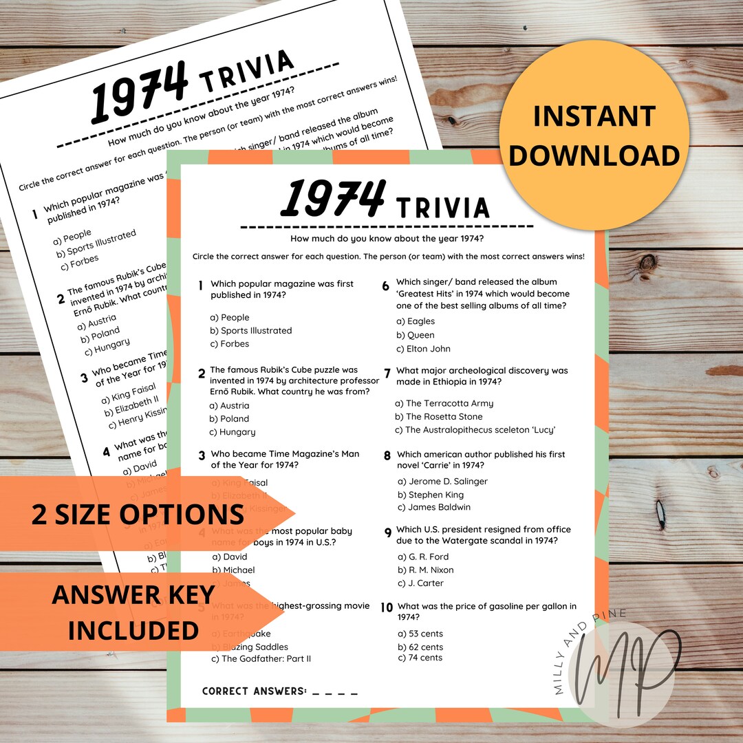 1974 Trivia Game 50th Birthday Born in 1974 Printable Games Adult ...