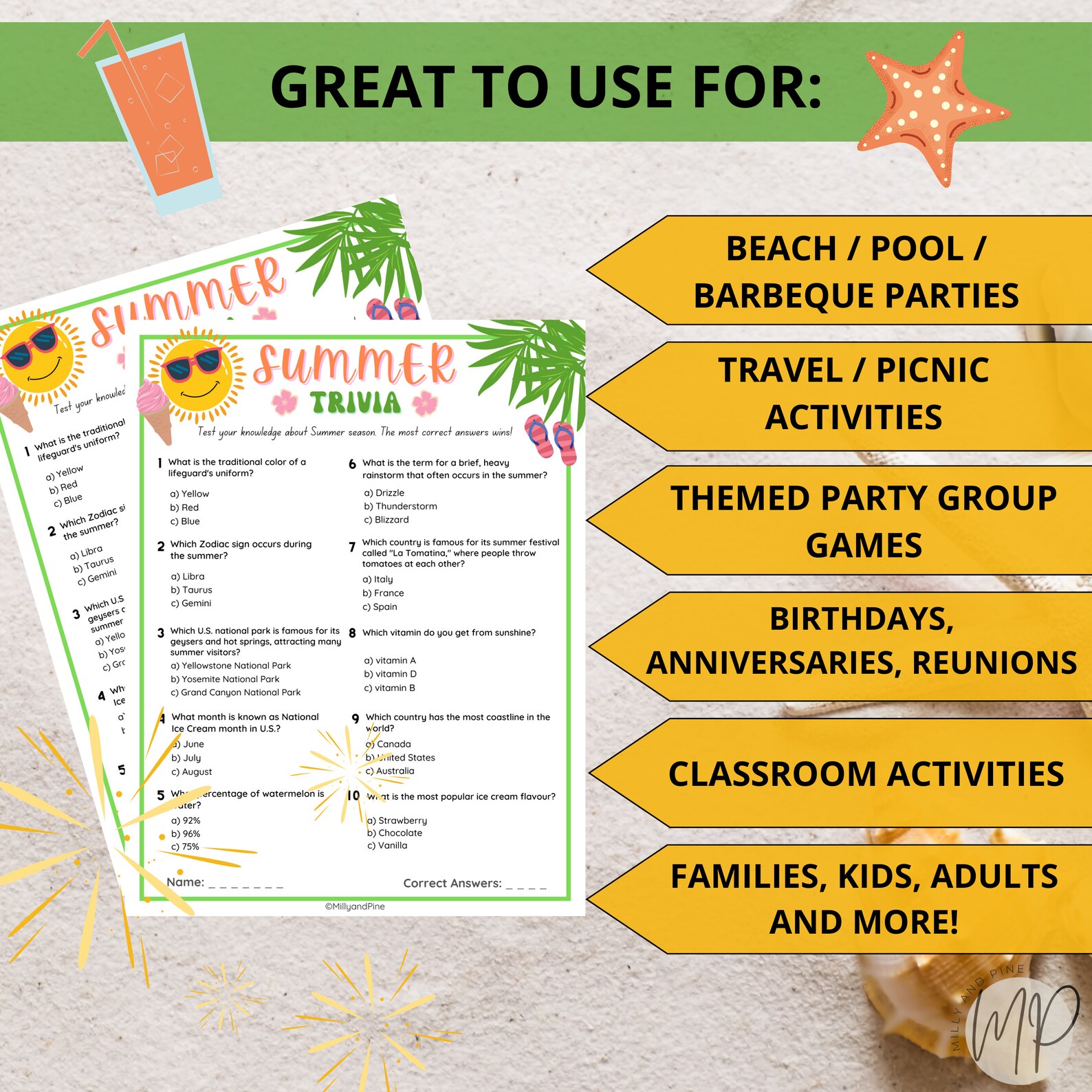Summer Trivia Quiz Game Family Reunion Games Printable 10th Birthday ...